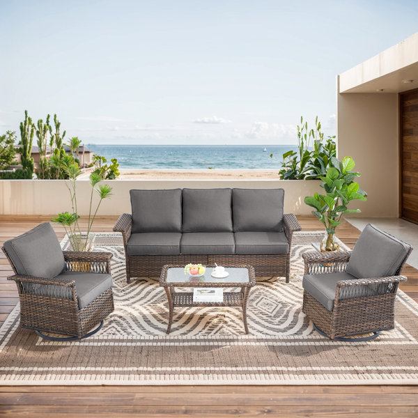 Winston Porter Tapash Premium Outdoor Rattan Sofa Set With 2 Swivel Glider Chairs & Stylish ...